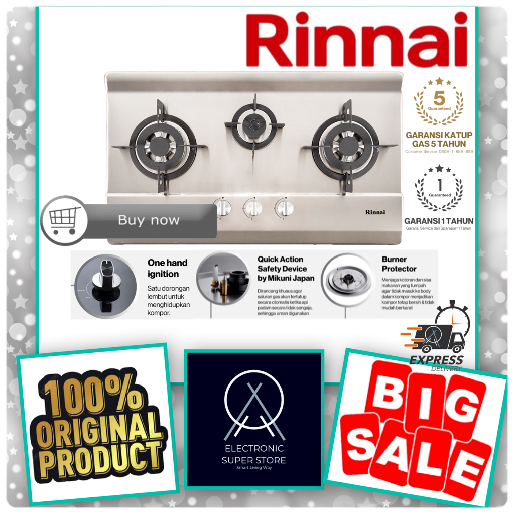 Jual KOMPOR RINNAI RB713N(S) RB-713N S 713NS TANAM 3 TUNGKU FULL STAINLESS STEEL BODY BIG FLAME ...