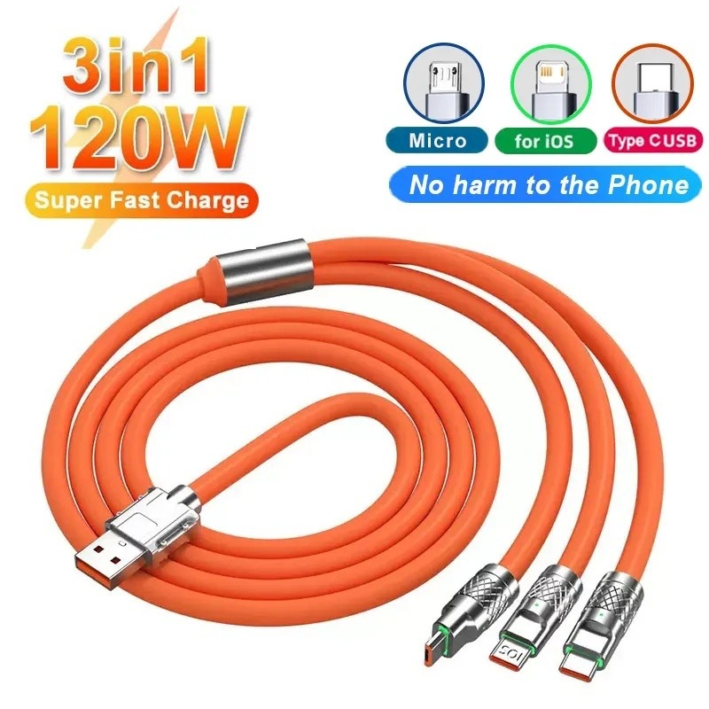 Jual 3 in 1 120W Super Fast Charge Cable Type-C 6A Liquid Silicone Fast ...