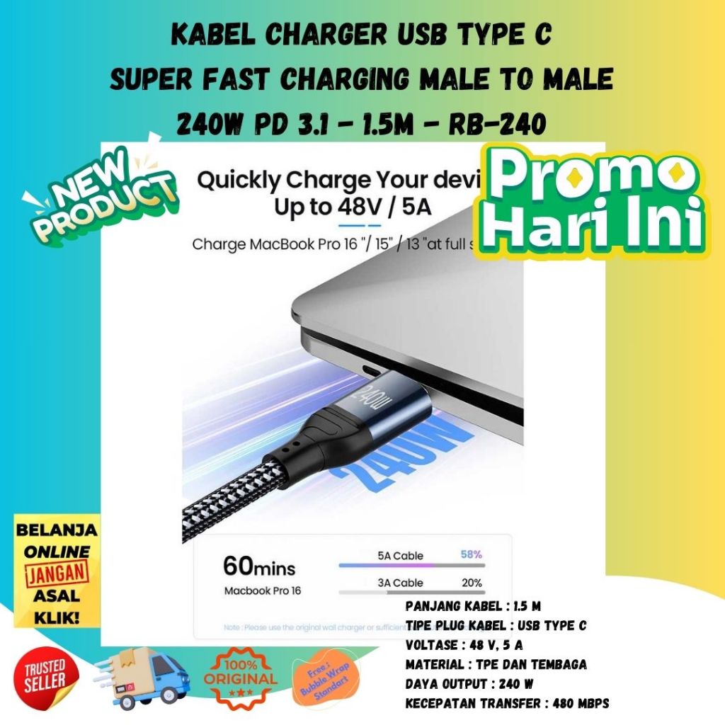 Jual Kabel Charger USB Type C Male To Male Super Fast Charging 240W PD ...