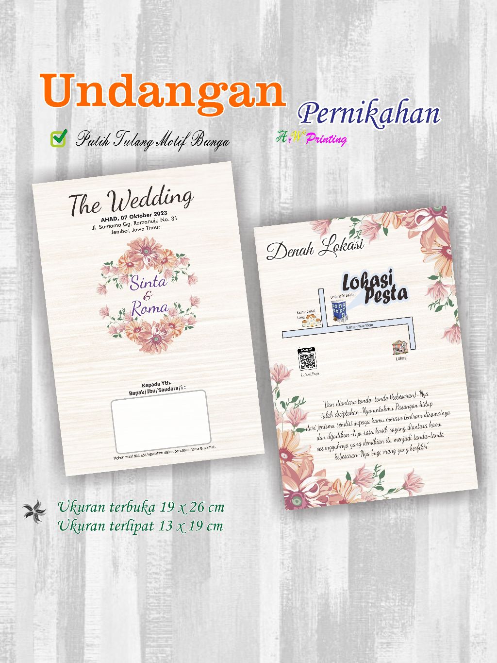 Jual Cetak Kartu Undangan Pernikahan / Nikah Putih Tulang Motif Bunga ...