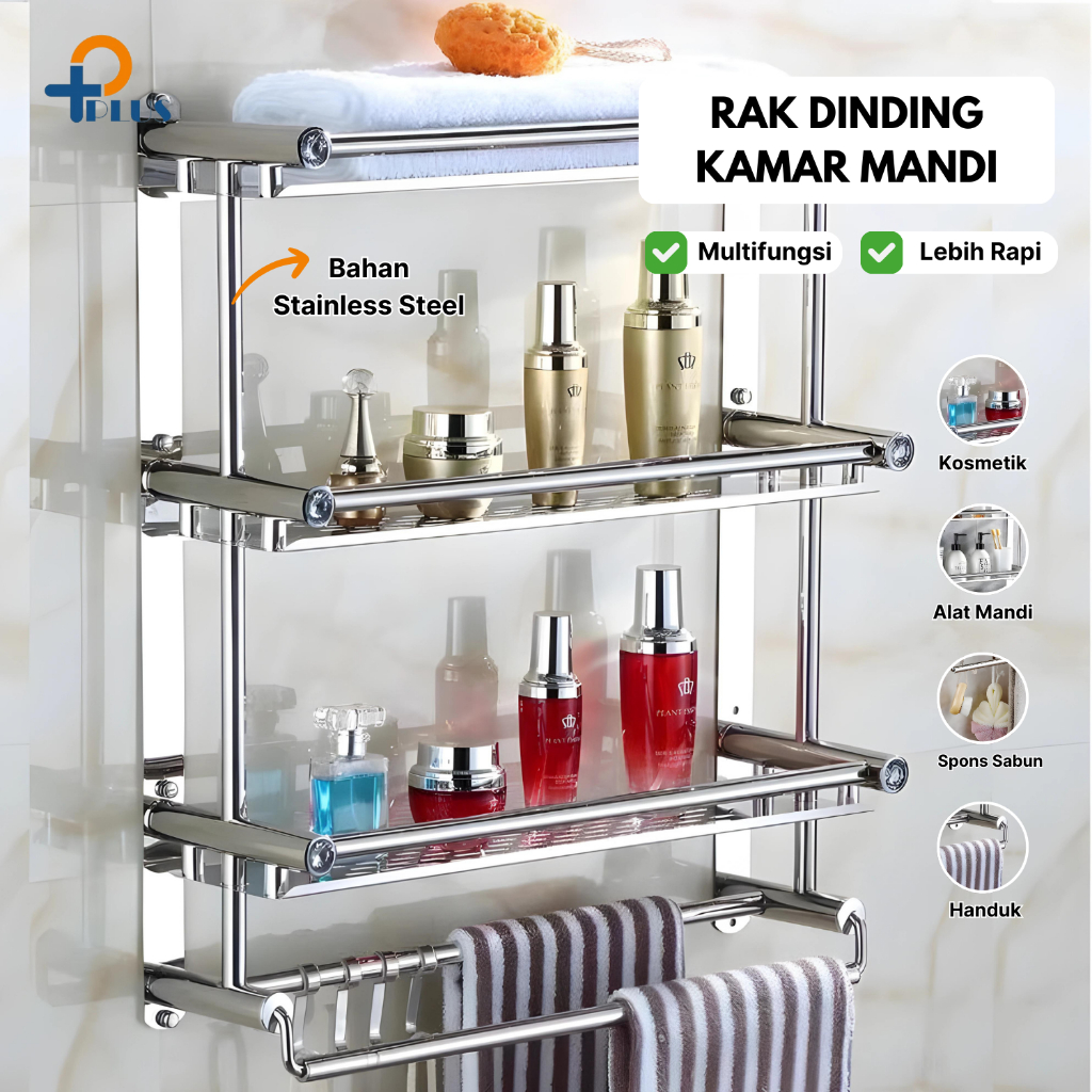 Jual [ Pplus ] Rak Kamar Mandi Stainless Gantungan handuk Model Tanpa ...