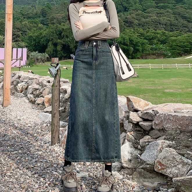 Jual Emily Rok-Biru Retro New Midi Jeans Rok Highwaist Fashion Kasual ...