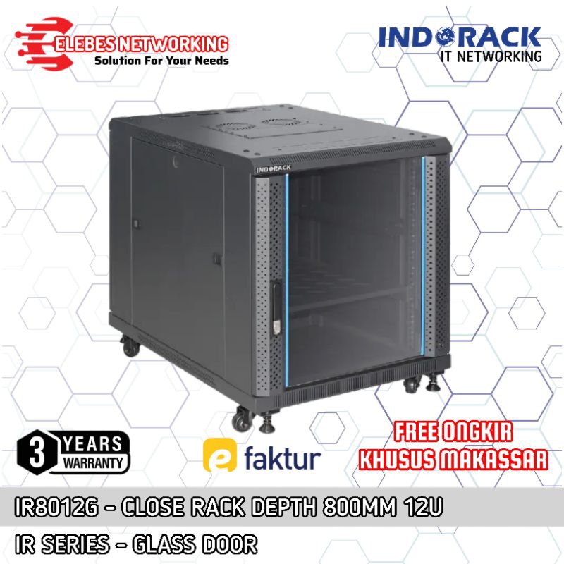 Jual IR8012G INDORACK Depth 800mm 12U Close Rack Glass Door Rak Server ...