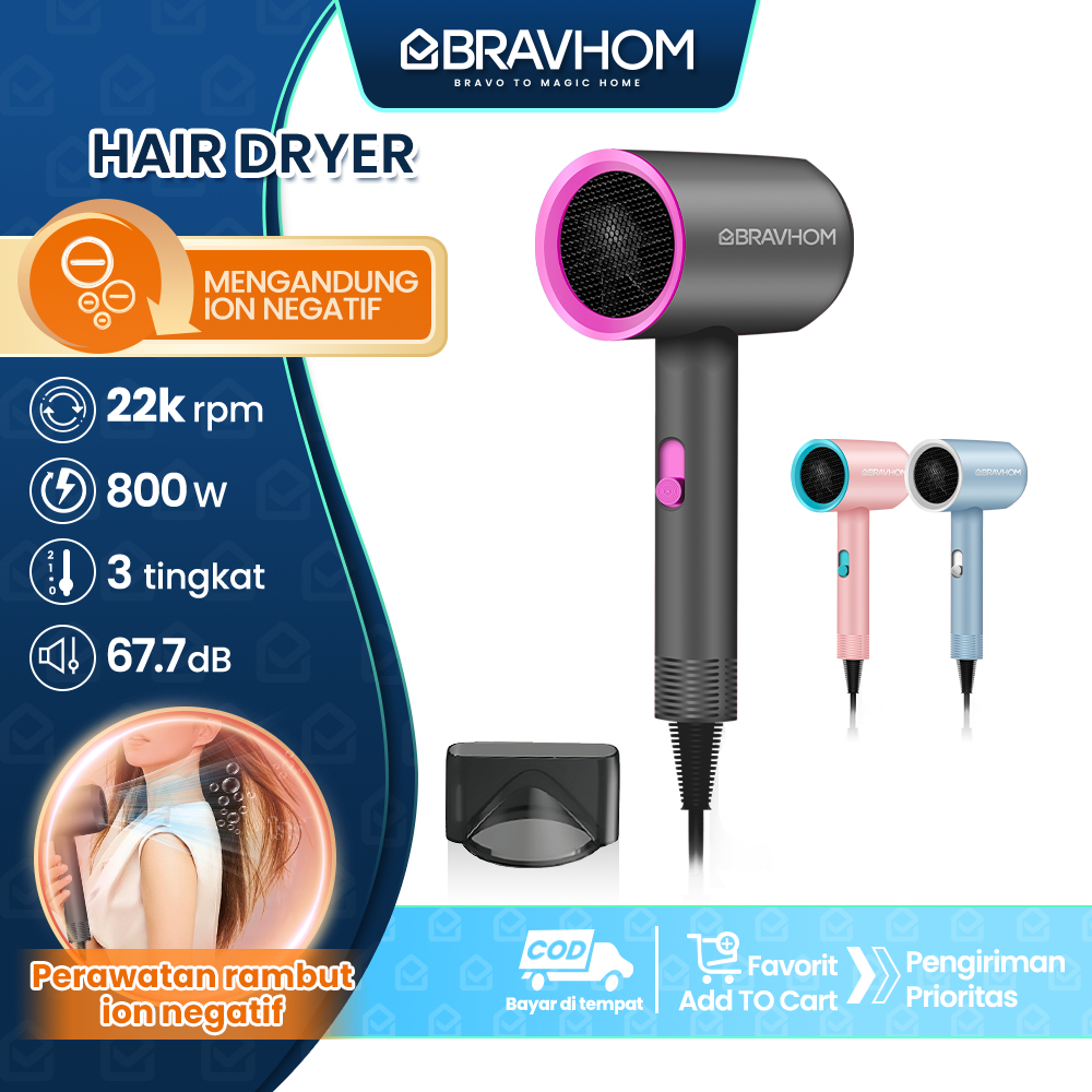 Jual BRAVHOM Hair Dryer Travel Ion Negatif 22,000rpm 800W 3 Tingkat ...
