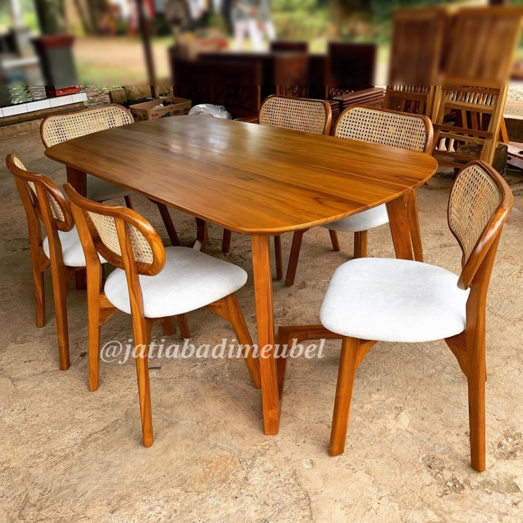 Jual Meja Makan Set Minimalis Kayu Jati Mix Rotan, Set Kursi Makan Jati Dudukan Busa, Dining ...