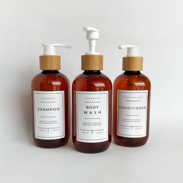 Jual Botol Oval Valencia Amber 250ml Fancy White Label Pump Bamboo ...