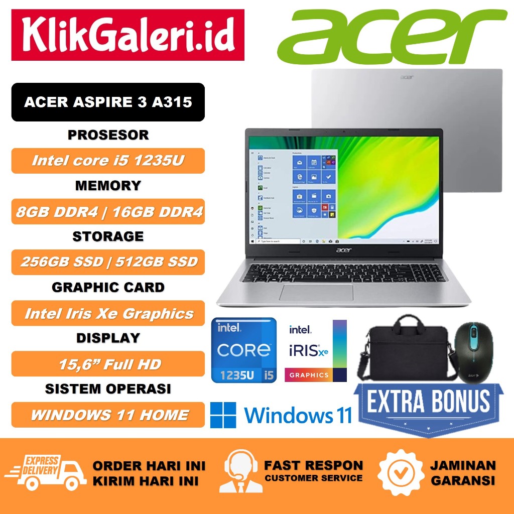 Jual LAPTOP ACER I5 GEN 12 ACER ASPIRE 3 A315 INTEL I5 1235U SSD WIN11 ...