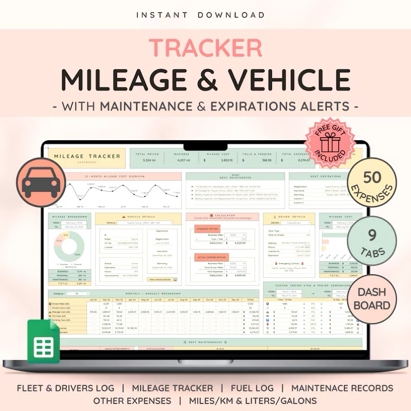 Jual Vehicle & Mileage Tracker Log with Expenses, Fuel, Maintenance ...