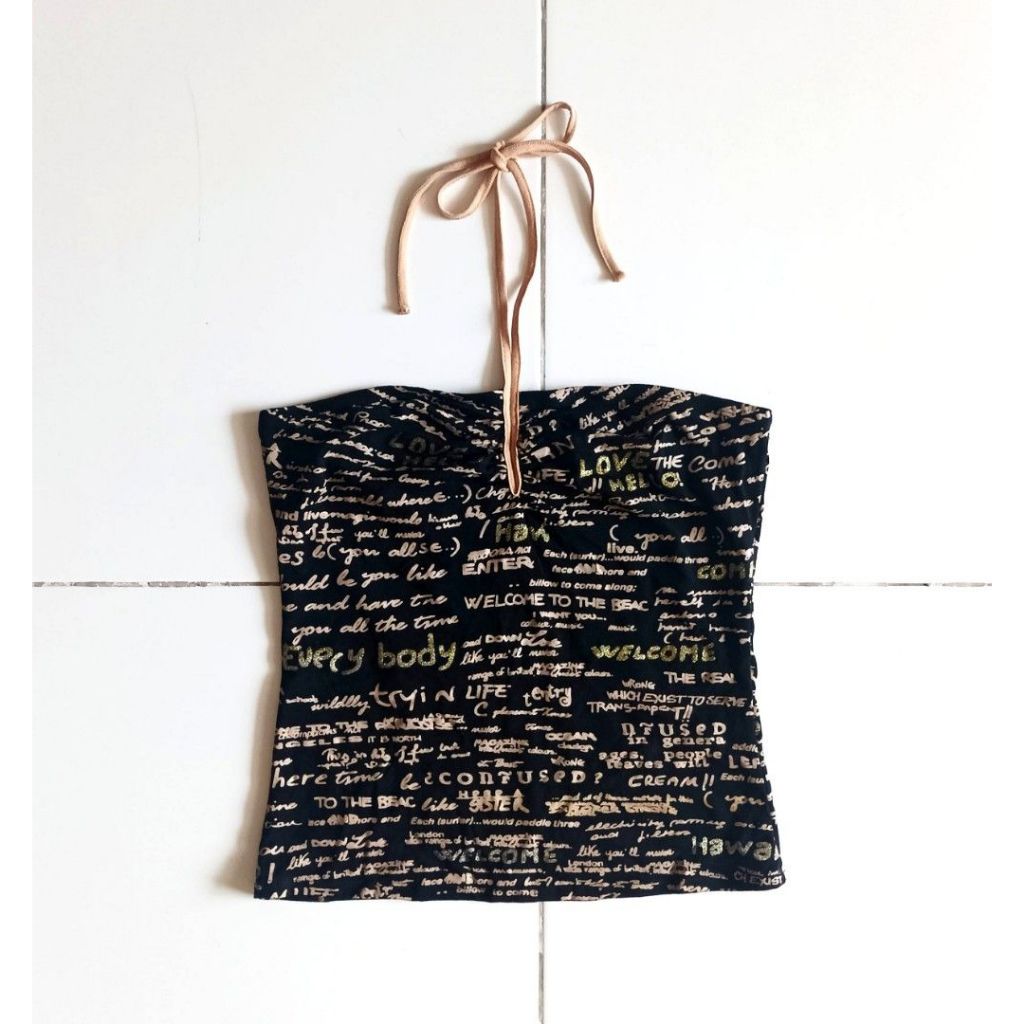 Jual Atasan Wanita Tank Top Halter Hitam Motif Tulisan Glitter Emas ...