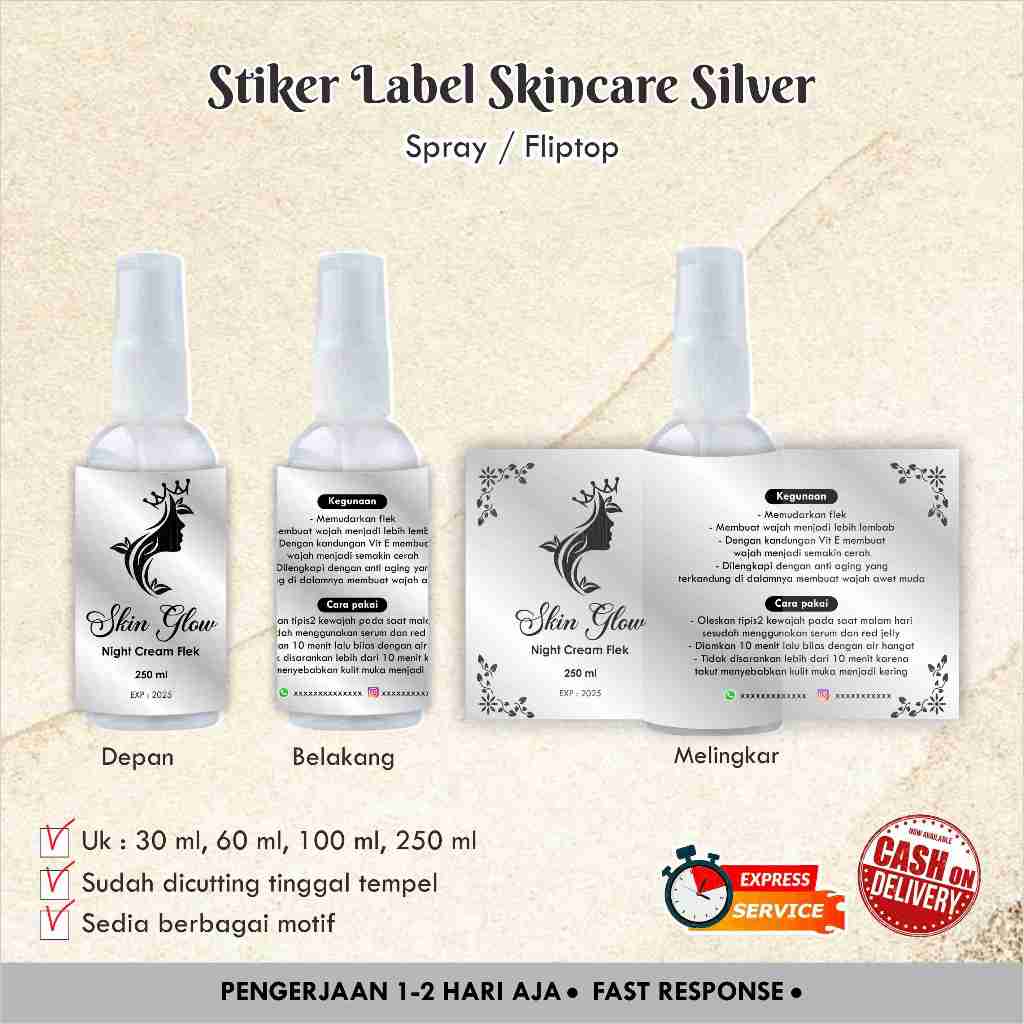 Jual STIKER SILVER SKINCARE BOTOL FLIPTOP & SPRAY / KOSMETIK / KEMASAN ...