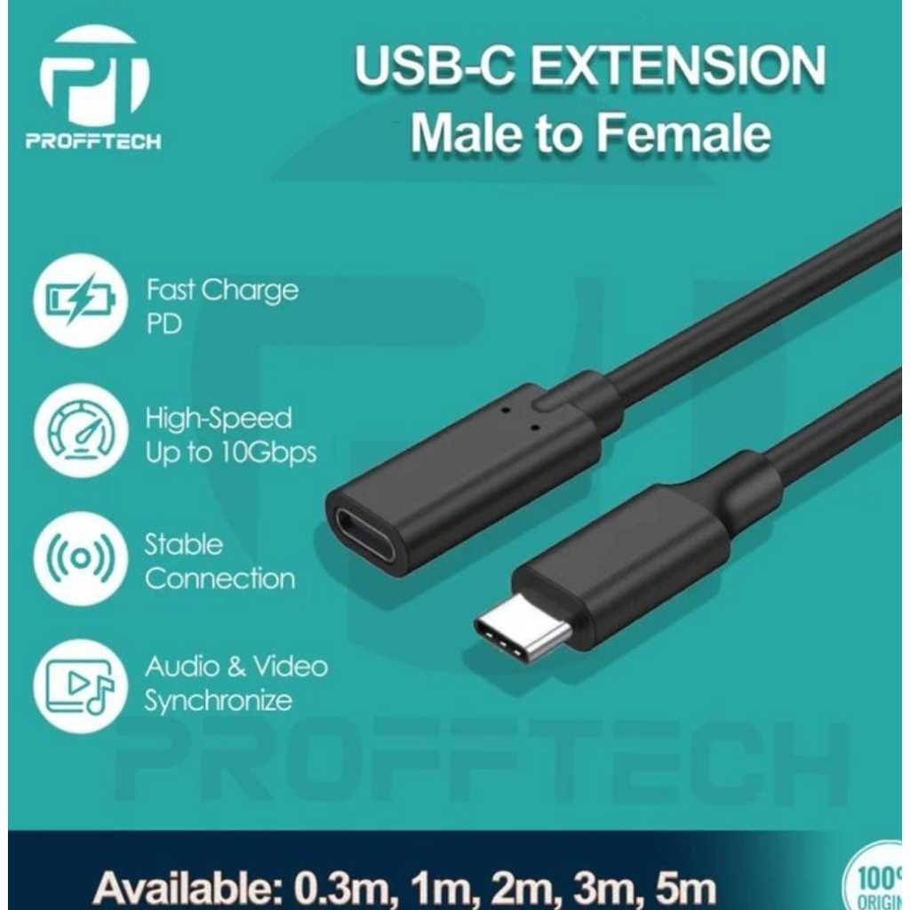 Jual Cable Type-c thunderbolt male female profftech 5m 10Gbps 3a pd ...