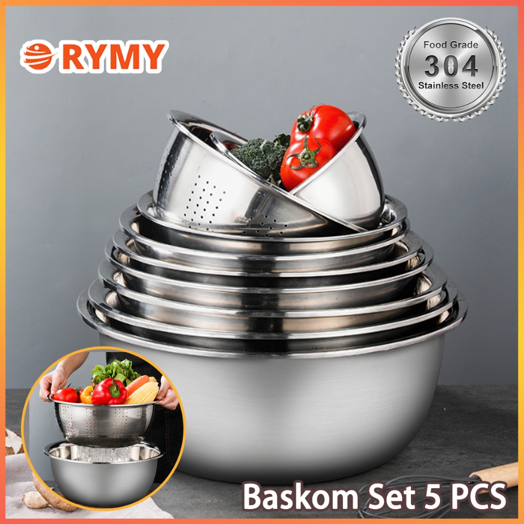 Jual 【COD】RYMY Baskom Set 5 PCS Stainless Steel Tebal Dapur Wadah Cuci Beras Buah Sayur Baskom ...