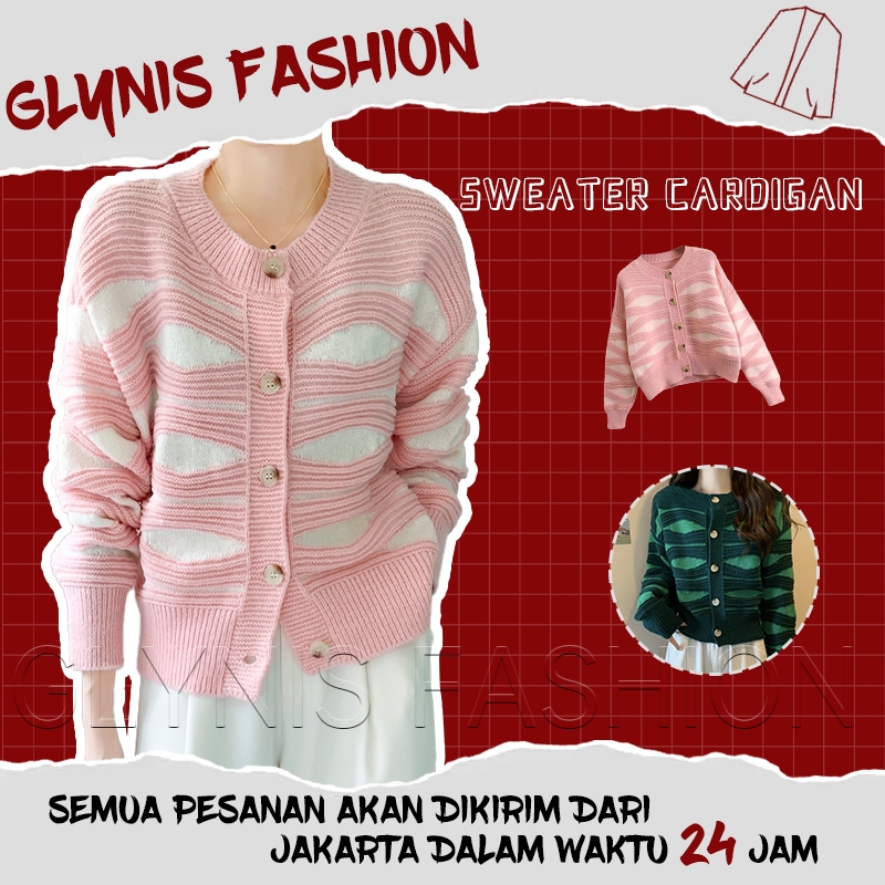 Jual Glynis - Cardigan Rajut Sweater Korean Santai Round Neck Setrip Baju Knitwear Wanita ...
