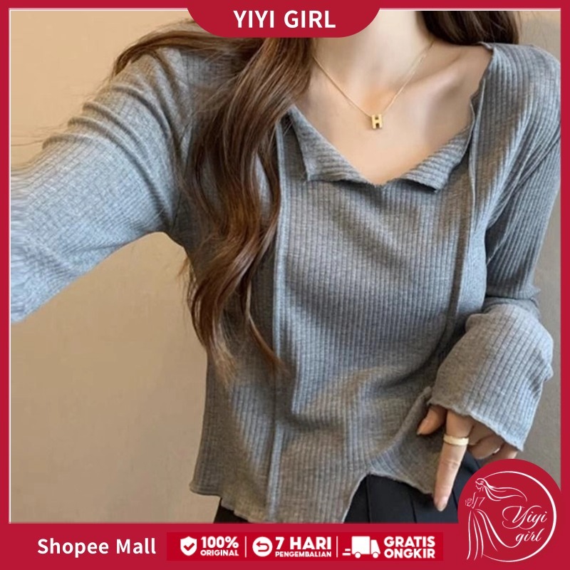 Jual YIYI GIRL Korea Kaos Rajut V-Neck Atasan Panjang Wanita Baju Atasan Wanita Lengan Panjang ...