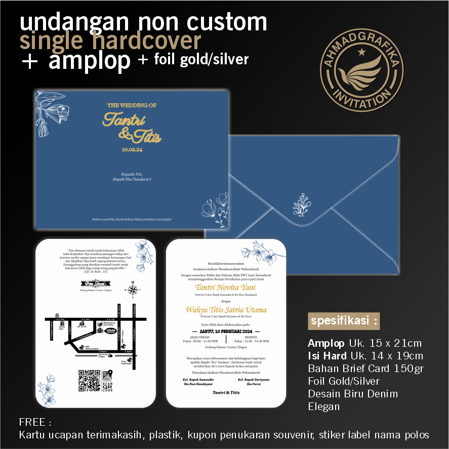 Jual Undangan Single Hardcover | Plus Amplop | Hotprint Gold | Biru ...