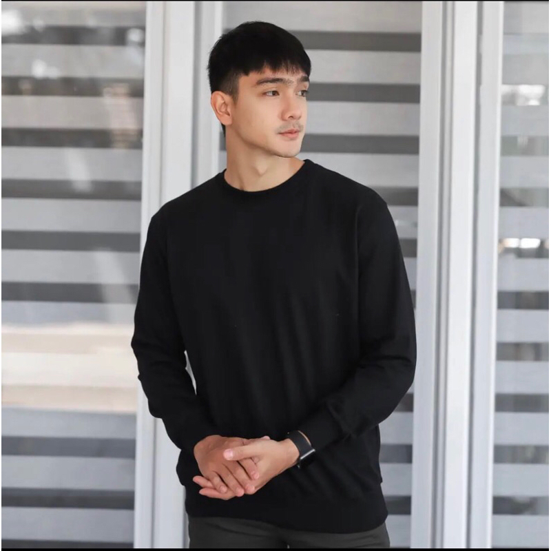 Jual ALJOSA Sweater Pria Crewneck Polos Hitam Lengan Panjang Sweatshirt ...