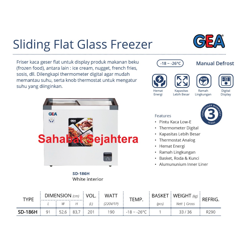 Jual GEA Sliding Flat Glass Freezer SD-186H Freezer Sliding Kaca ...