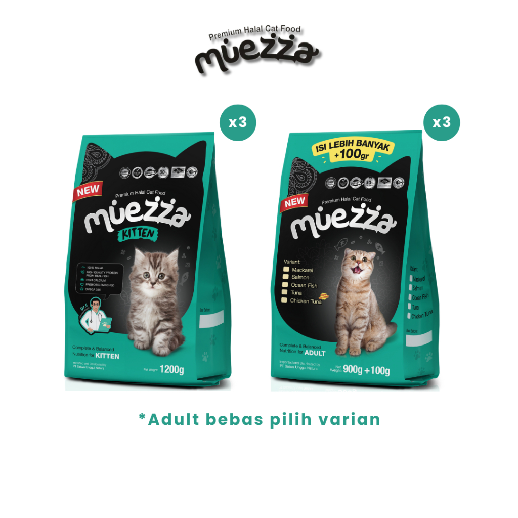 Jual Muezza Makanan Kucing Adult 1 kg isi 3 pcs + Kitten 1.2 kg isi 3 ...