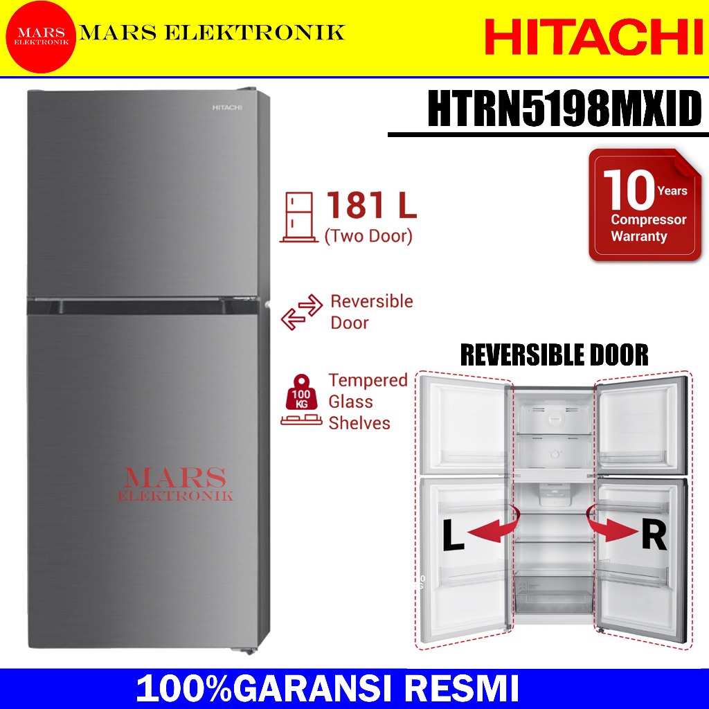 Jual KULKAS 2 PINTU HITACHI HRTN5198MXID - 181 LITER - REVERSIBLE DOOR - READY - KULKAS 2 PINTU ...