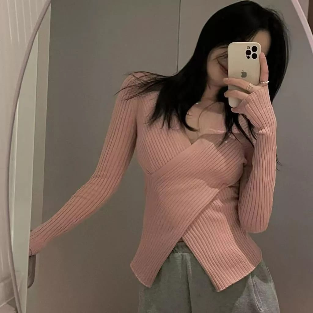 Jual Baju Sweater Wanita V-neck Gaya Korea Knit Wrap Top Polos Lengan Panjang Wanita Rajut Korea ...