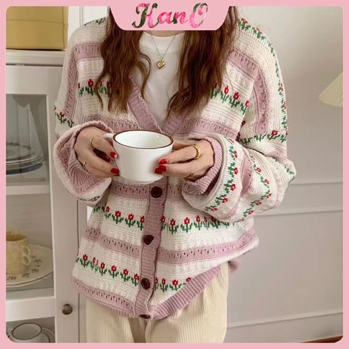 Jual KANO Cardigan Stripe Outer Cardigan Bunga Vintage Tipis Knit ...
