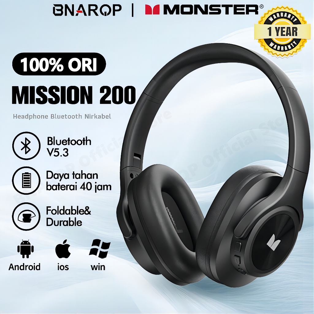 Jual 𝟭𝟬𝟬%𝗢𝗥𝗜 BNARQP x Monster MISSION 200 Headphone Bluetooth V5.3 ...