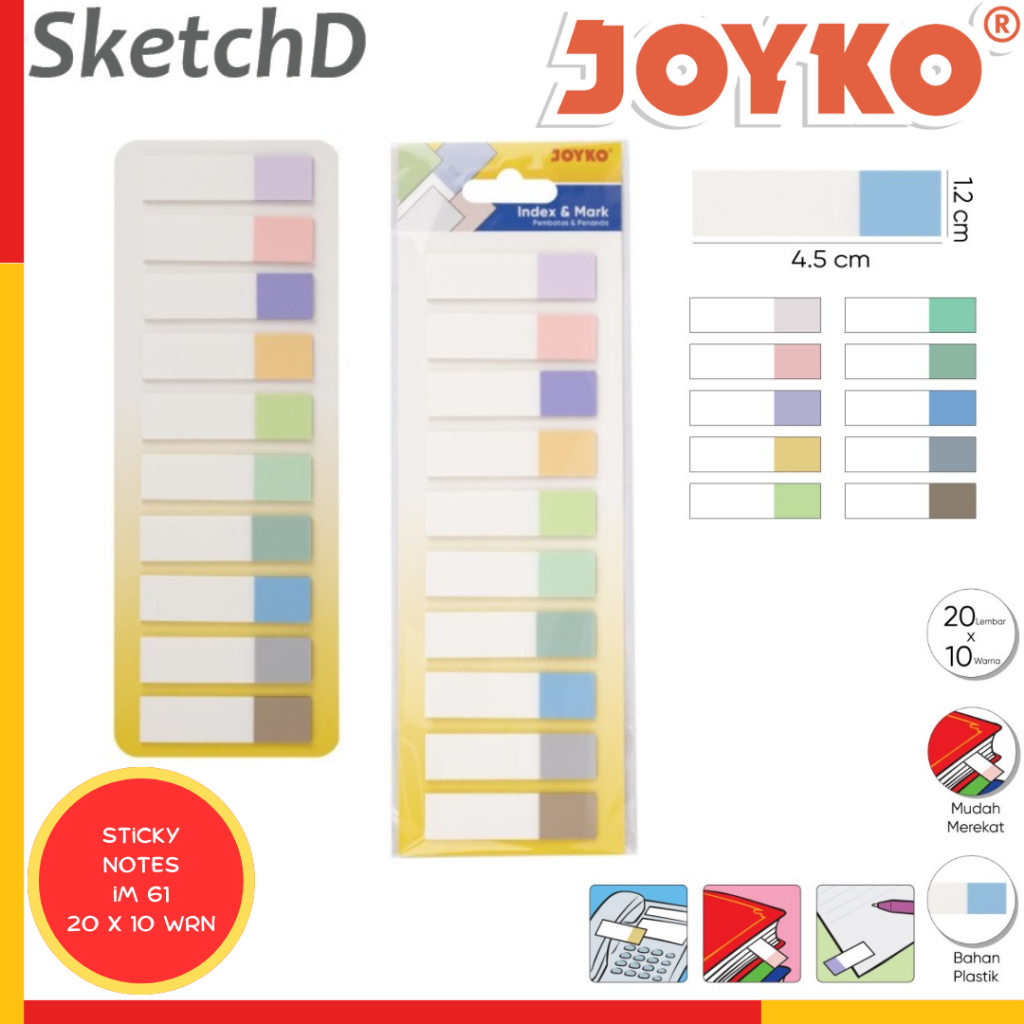 Jual Memo Tempel Plastik Joyko IM 61 Sticky Notes Index & Mark 10 warna ...
