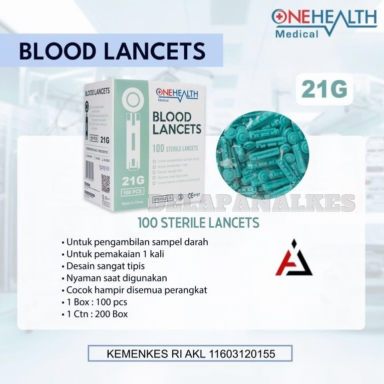 Jual OneHealth Blood Lancet 21G isi 100 Jarum Bekam Kop Steril Lancets ...