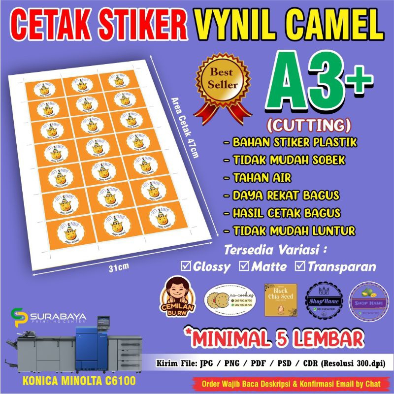 Jual CETAK STIKER VINYL CAMEL + CUTTING UKURAN A3+ FULL COLOUR TERMURAH ...