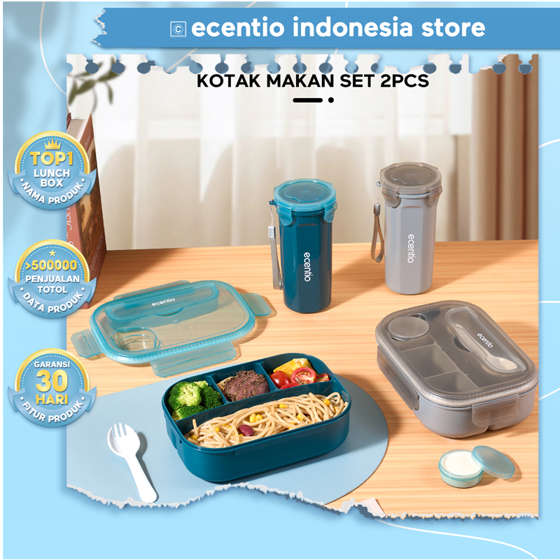 Jual ecentio tempat makan set anti tumpah 1200ml+botol minum 500ml Kotak Bekal Makan 4 sekat BPA ...