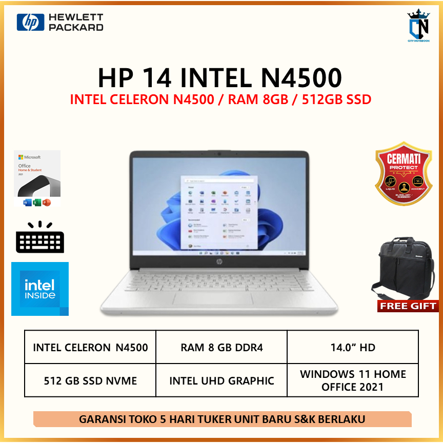 Jual Laptop HP 14 INTEL CELERON N4500 RAM 8GB 512GB SSD W11 OHS 14.0 HD ...