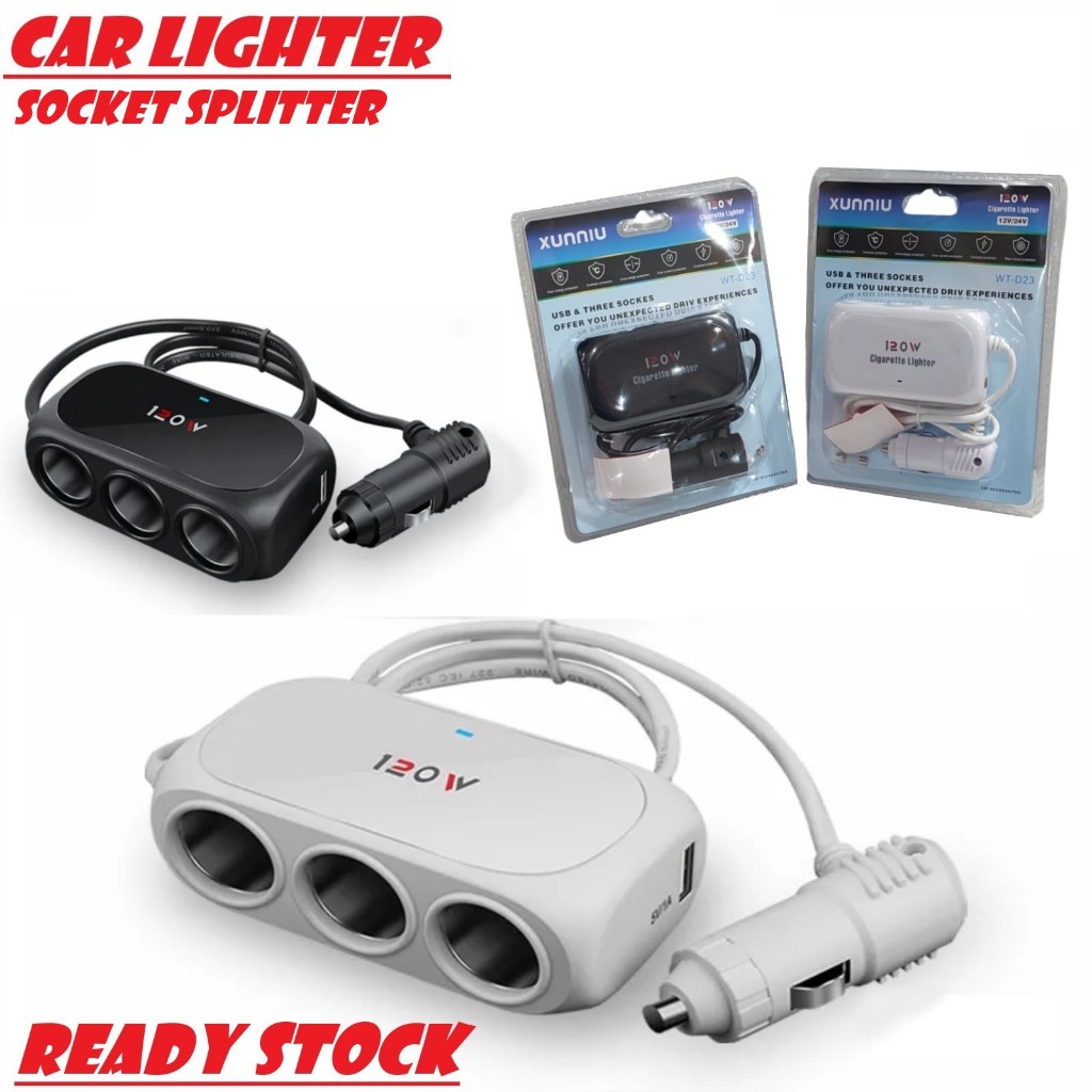 Jual 3 Way Car Lighter Socket Splitter Dual USB Charger DC 12V/24AC ...