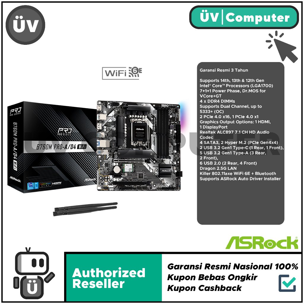 Jual Motherboard Mobo Intel Asrock B760M Pro-A/D4 WiFi DDR4 LGA 1700 ...
