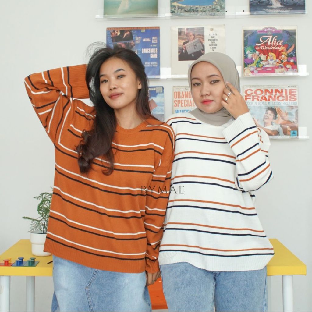 Jual Pevita Korean Sweater Oversize Stripe Knit - Atasan Wanita Rajut Oversize- Atasan Wanita ...