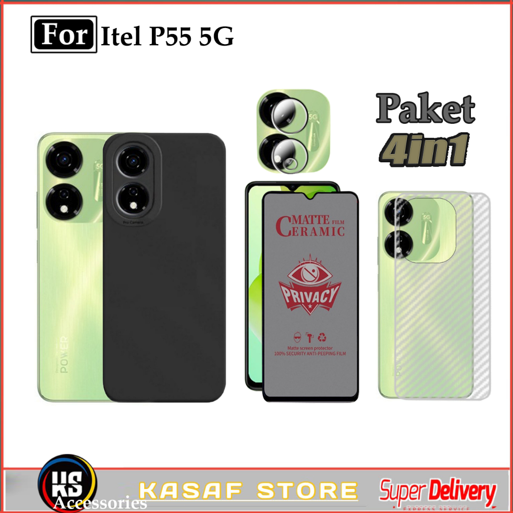 Jual Softcase ITEL P55 5G Paket 4in1 casing silikon case antigores privacy matte anti spy ...