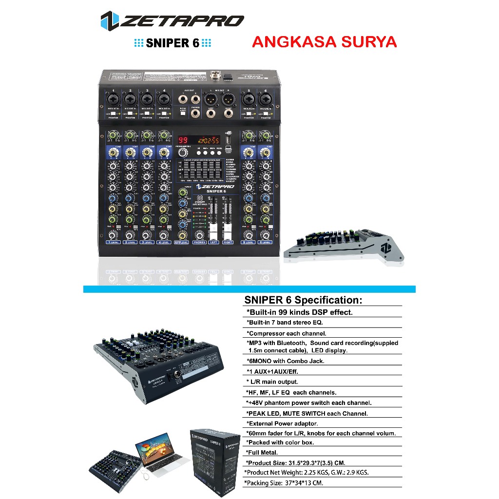 Jual Mixer Zetapro Sniper6 / Sniper 6 Original / Mixer 6 Channel Ada Compressor , Effect Reverb ...