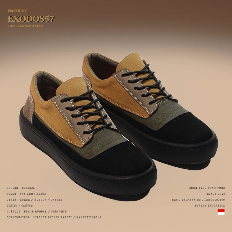 Jual Sepatu Sneakers Kulit Pria Exodos57 - Pelinja Tan Army Black ...