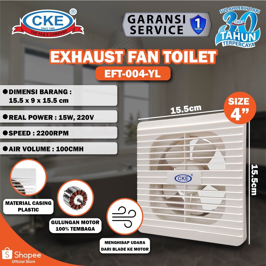 Jual CKE Exhaust Fan EFT-004-YL Toilet/exhaust dinding 4 inch/Rumah ...