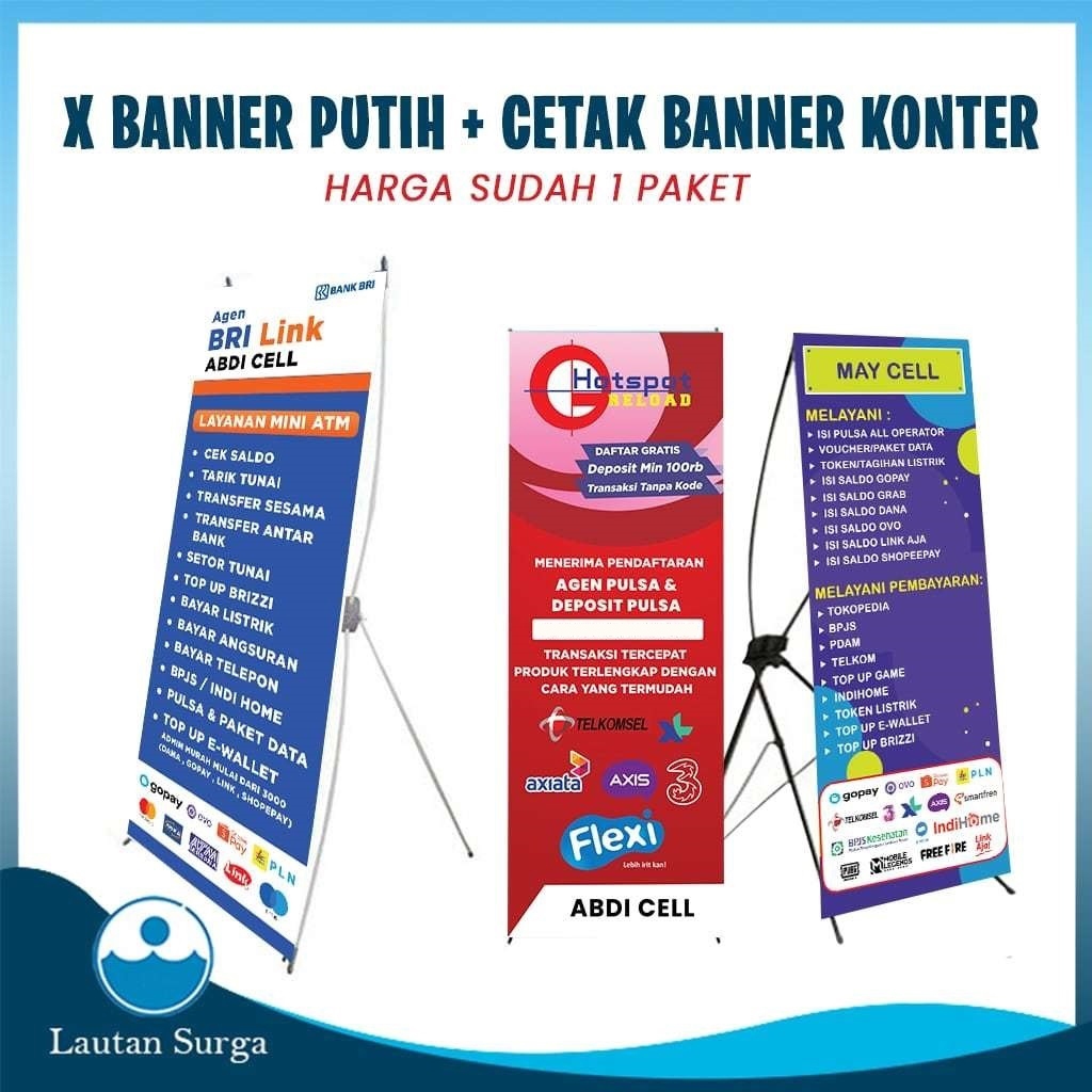 Jual Cetak Tiang Standing X Banner Putih + Spanduk Konter, Print ...
