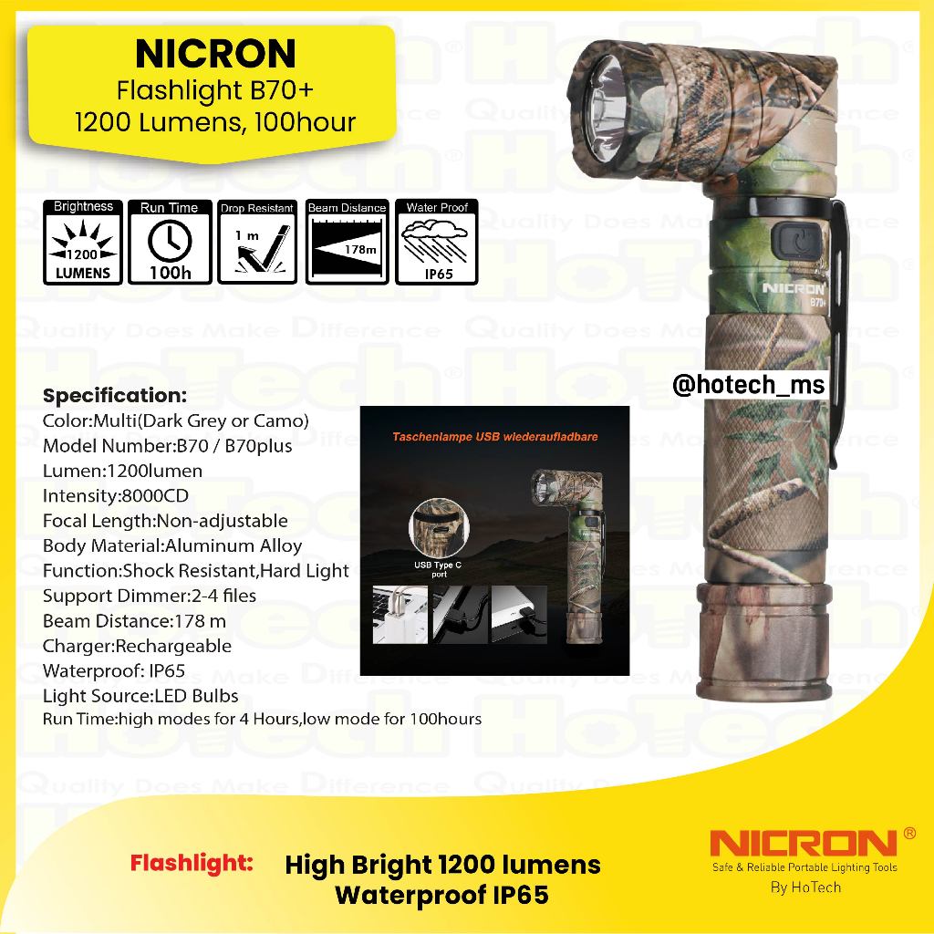 Jual Nicron B70+ 1200lm 90 degree Twist Flashlight - Jarak Cahaya 178 ...
