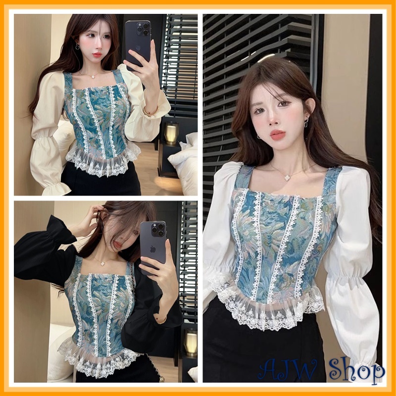 Jual AJW Blouse Wanita Vintage Floral With Lace Knit Premium RAB ...