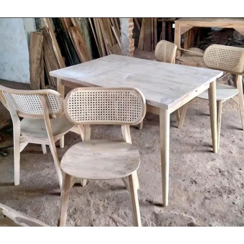 Jual MEJA MAKAN KURSI MIX ROTAN KAYU JATI | MEJA MAKAN RETRO MODERN | Shopee Indonesia