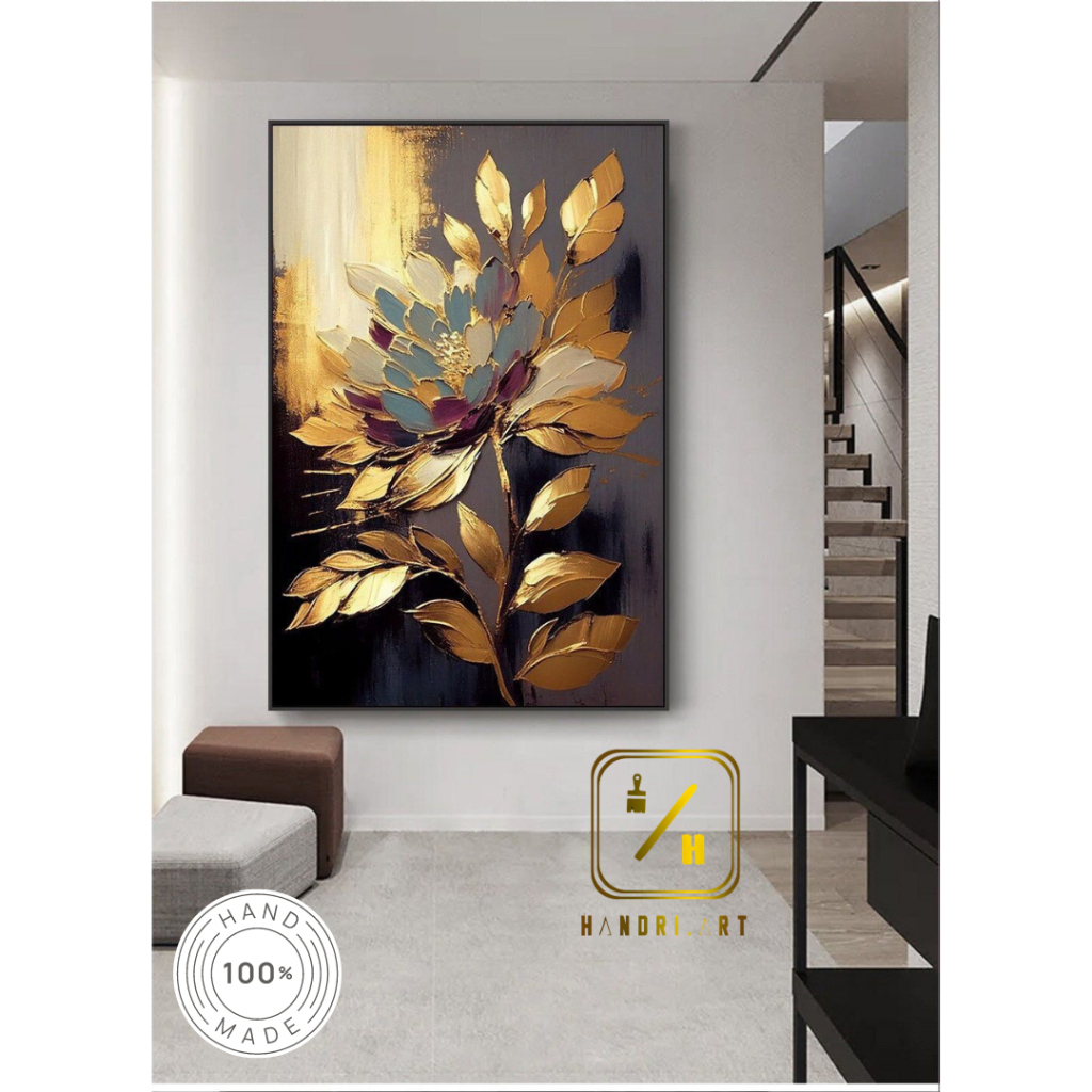 Jual lukisan bunga mewah gold hitam hiasan dinding 100% handmade ...