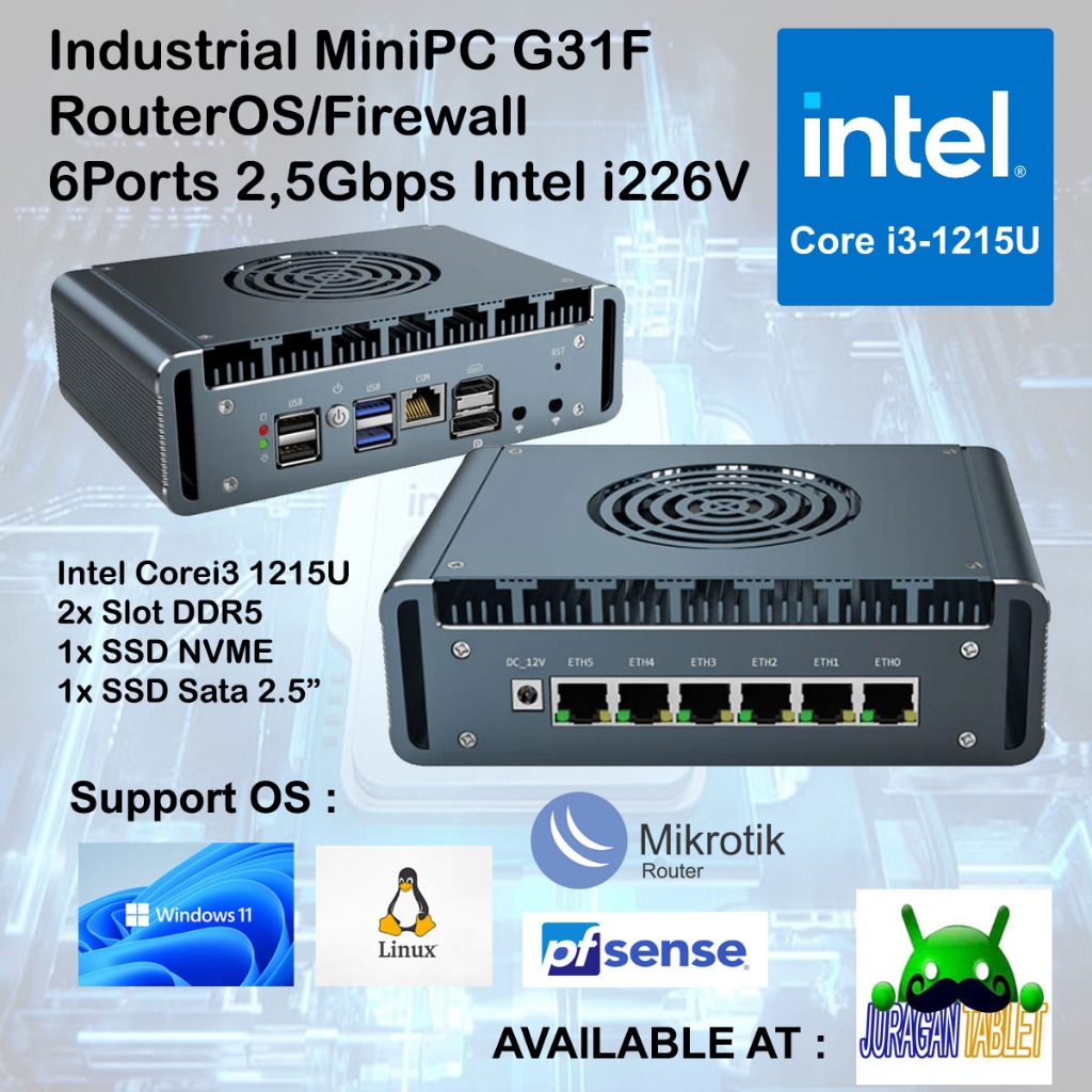 Jual Industrial Mini PC G31F Core i3 1215U Gen12 6 Port LAN 2.5G Intel i226v HDMI Support ...