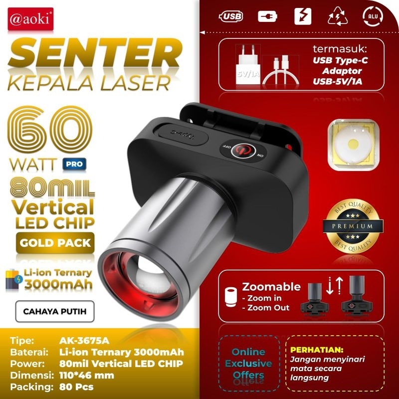 Jual Aoki Senter Kepala / Headlamp 60W LED Zoomable AK-3675A / AK-3685A | Shopee Indonesia