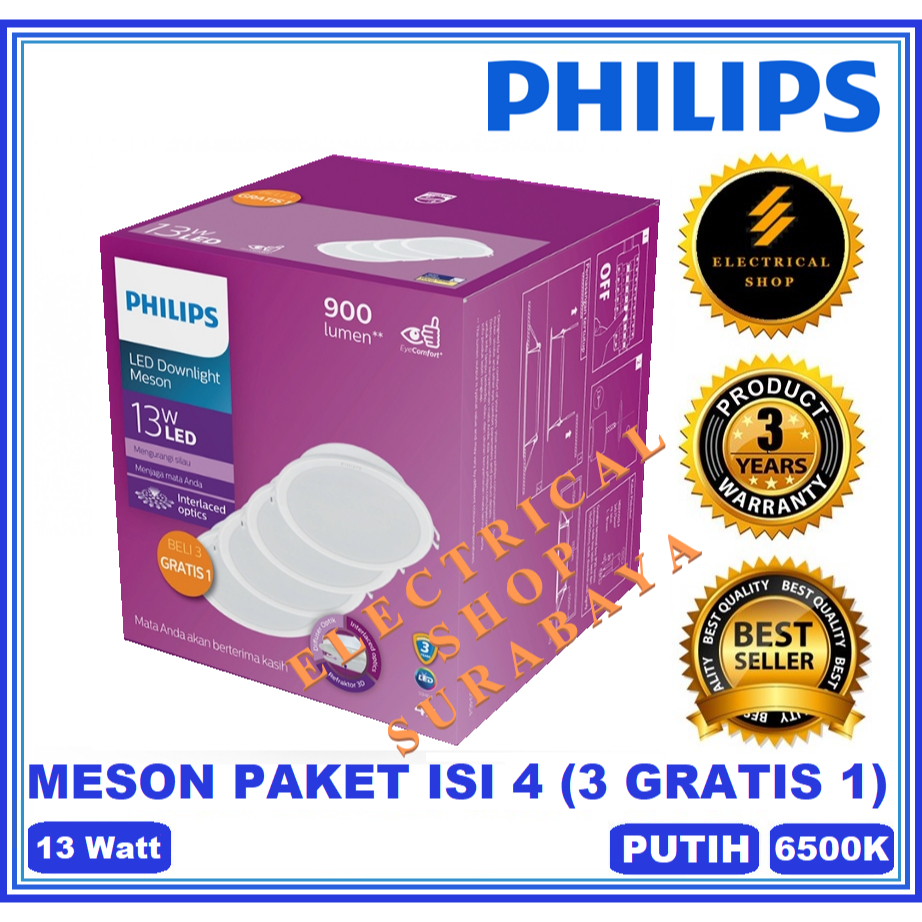 Jual PAKET ISI 4 PHILIPS DOWNLIGHT LED MESON PAKET 13W 13 WATT 125 6500K PUTIH 59464 MULTIPACK ...