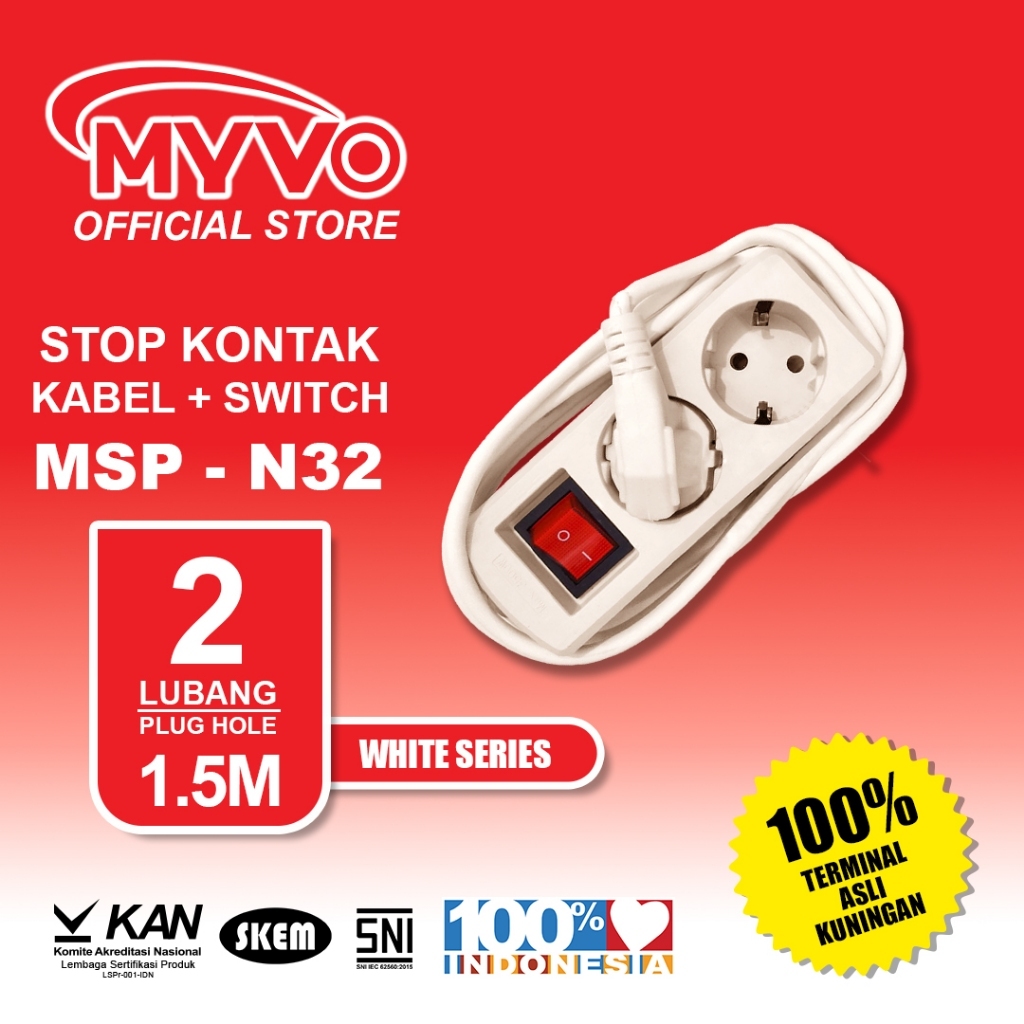 Jual Stop Kontak Kuningan 2 Lubang 1.5 Meter MYVO MSP-N32 Putih | Shopee Indonesia