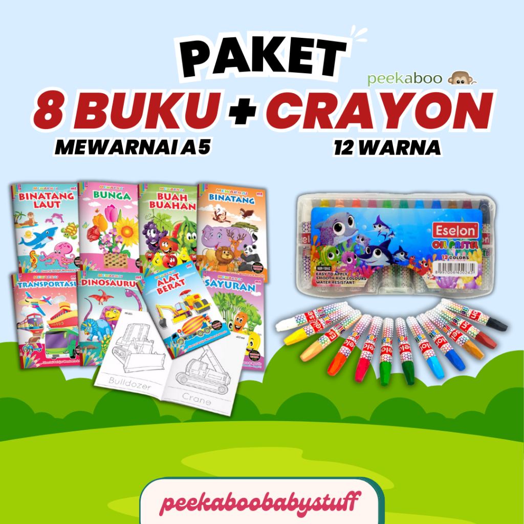 Jual PAKET 8 TEMA BUKU MEWARNAI (A5) DAN 1 CRAYON ANAK 12 WARNA OIL ...