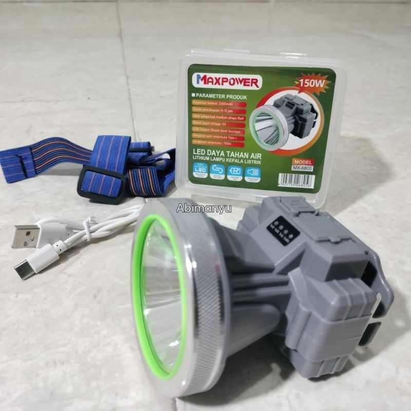 Jual Senter kepala 150 Watt maxpower waterproof baterai 2400 mAh ...