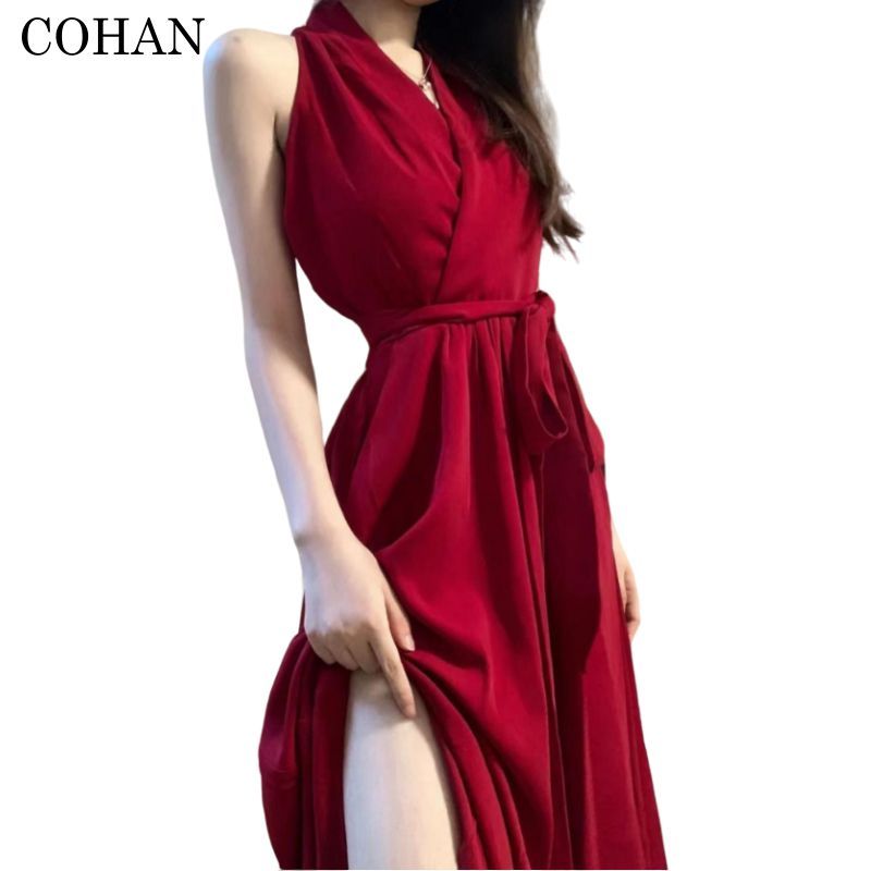Jual Cohan DR588 Outfit Dinner Fashion Red Sleeveless Dress Long Full ...